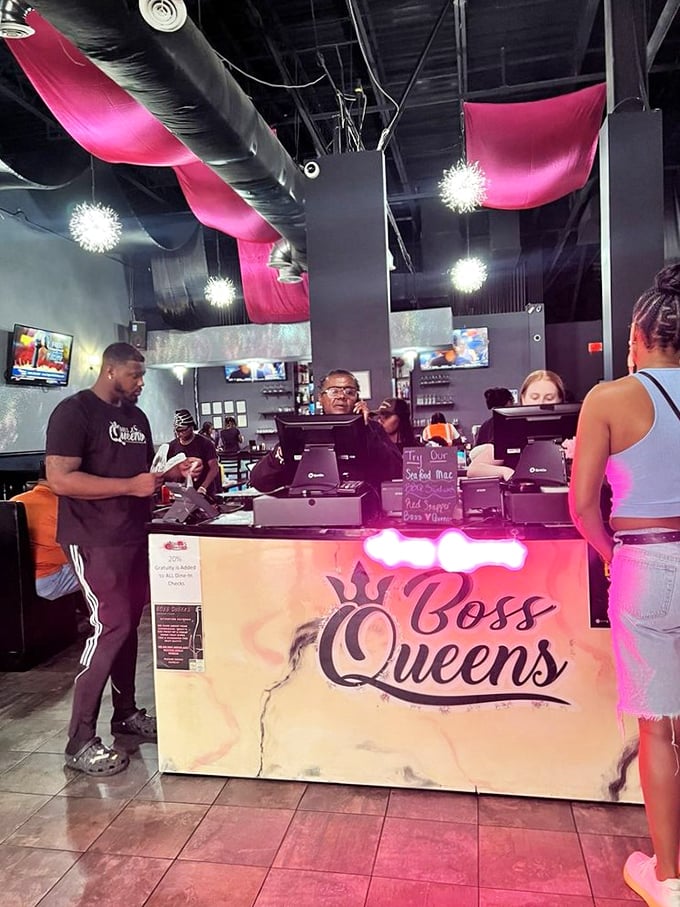 The counter where soul food dreams come true. That pink glow isn't just lighting—it's the aura of good things about to happen to your taste buds.
