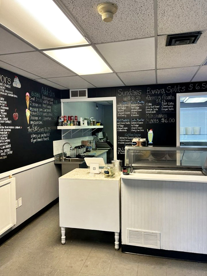 Behind the counter magic happens—where science meets art and dairy becomes divine in this clean, efficient ice cream laboratory.
