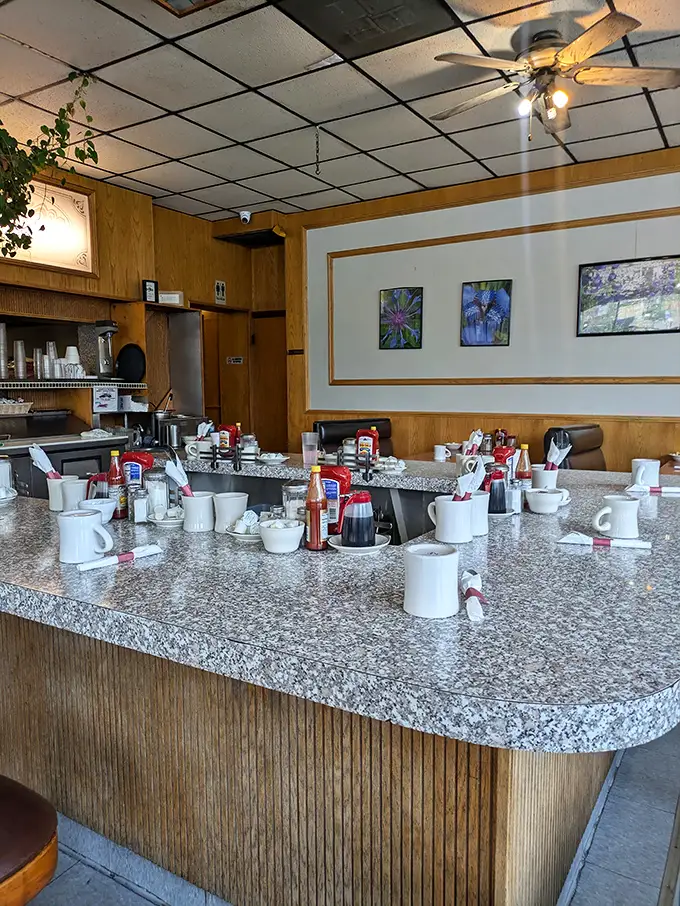 The counter—where solo diners find community, regulars are royalty, and coffee cups mysteriously refill themselves.