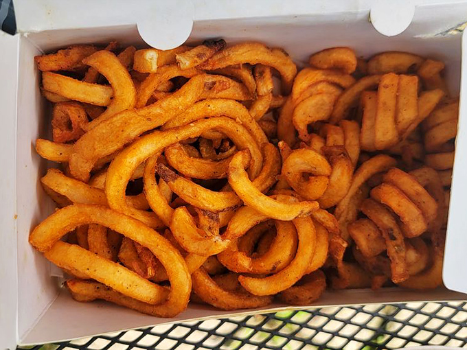 These curly fries aren't just side dishes – they're spiralized potato masterpieces. Each twist holds the perfect amount of seasoning, like edible flavor springs.
