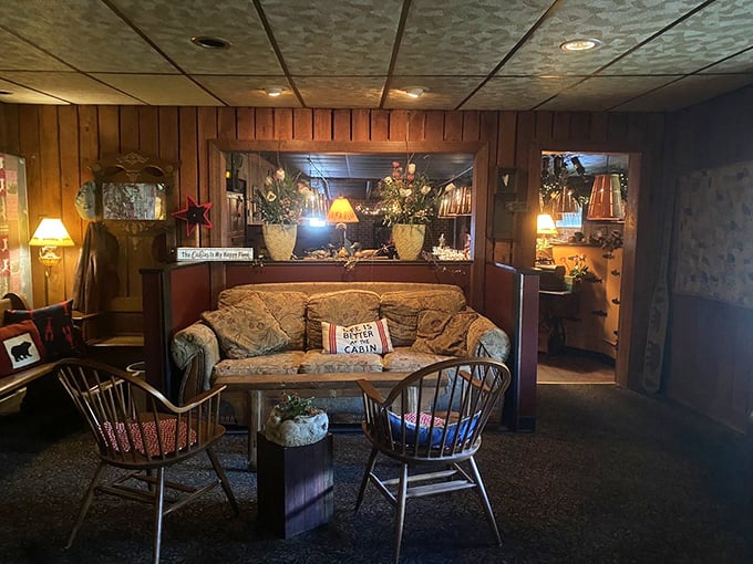 The cozy waiting area feels like your favorite aunt's cabin—if your aunt had impeccable taste in seafood and rustic decor.