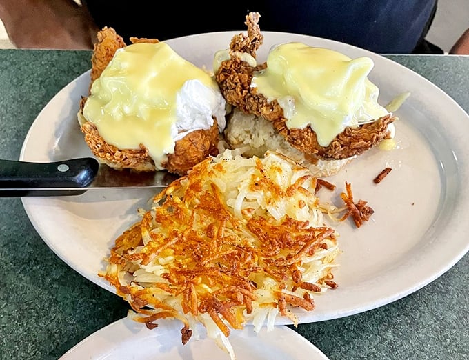 Eggs Benedict gets the Southern treatment with fried chicken standing in for Canadian bacon. Hollandaise sauce never found a better dance partner.