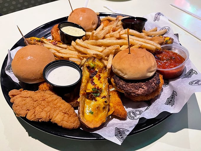 Not so much a plate as a magnificent tribute to excess—fries, burgers, chicken, and sauces coexisting in delicious harmony.