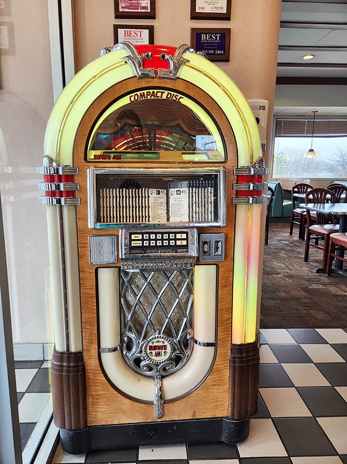 The jukebox stands sentinel, ready to provide the soundtrack to your meal—because calories consumed while listening to oldies don't count.