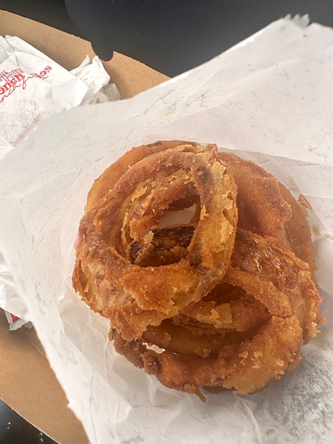 These aren't just onion rings—they're golden halos of happiness. Crispy, substantial, and demanding to be dunked in ketchup between bites.
