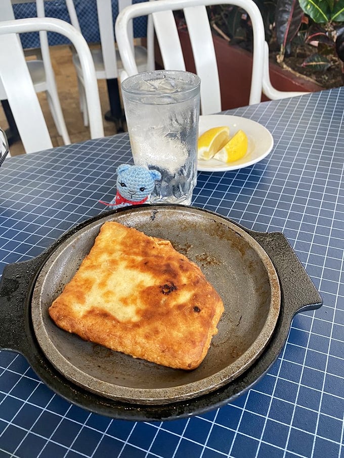 Golden, crispy saganaki waiting to be devoured. Cheese that's been kissed by fire is cheese that understands the meaning of life.
