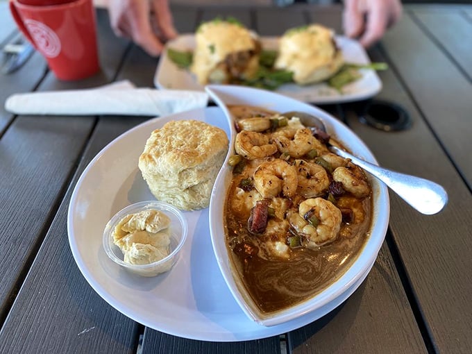 Shrimp and grits that would make a New Orleans chef nod in approval, served with a biscuit that's basically a buttery cloud.