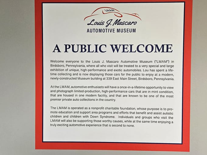 The welcome sign promises not just cars but a mission – automotive appreciation paired with charitable purpose. Horsepower with heart.
