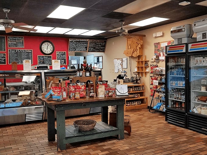Where tradition meets practicality—wooden shelves stocked with specialty items, blackboard menus, and the warm glow of a place that values substance over style.