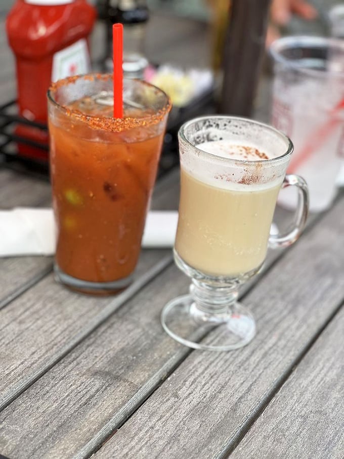 A proper Bloody Mary stands at attention next to its creamy counterpart—breakfast's most sophisticated drinking duo.