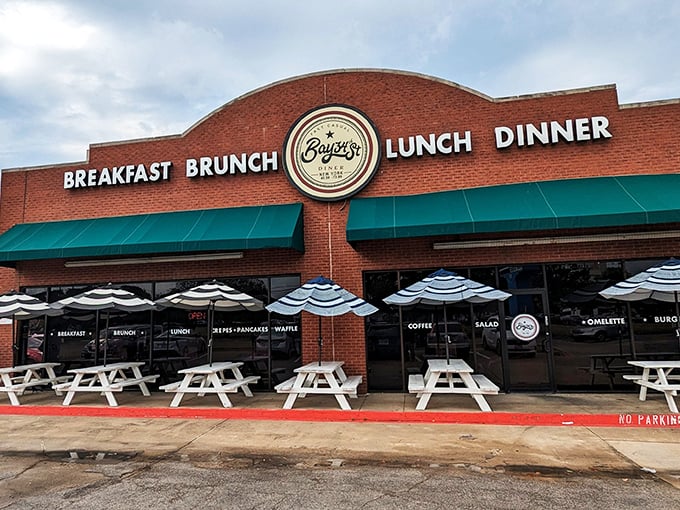 Bay34th Street Diner's brick exterior and teal awnings are like the culinary equivalent of your favorite uncle—reliable, classic, and full of surprises.