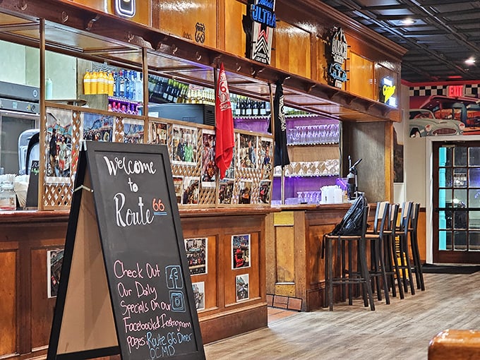 Welcome to Route 66—three words that promise good times and better food. That chalkboard isn't just a menu—it's a roadmap to happiness.