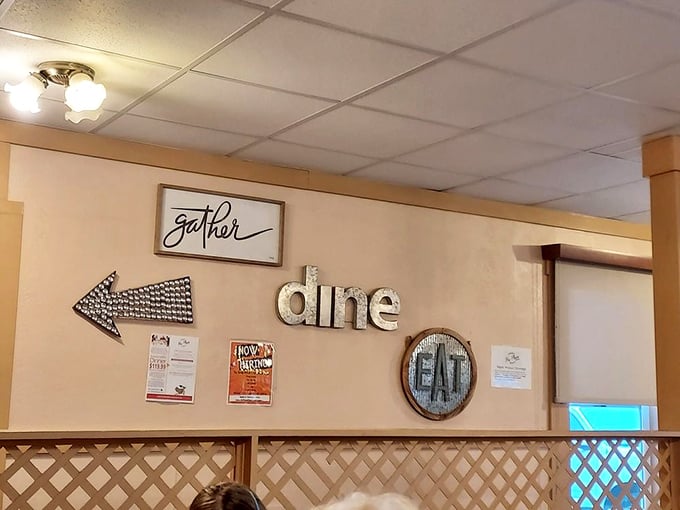 The wall decor says everything you need to know: "gather," "dine," "eat"—instructions worth following at His Place Eatery.