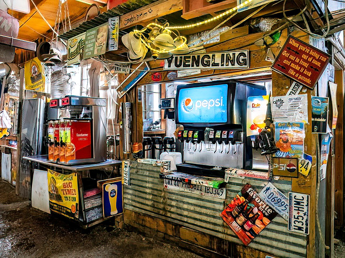 Even the drink station looks like it was built by someone who loves BBQ more than modern architecture – and that's exactly right.