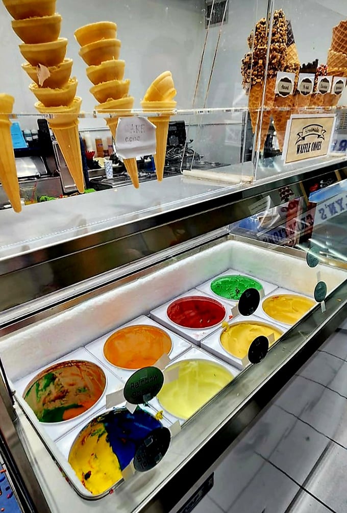 The colorful palette of Italian ices and custard flavors—like an artist's palette if Michelangelo had decided to become a dessert chef instead.