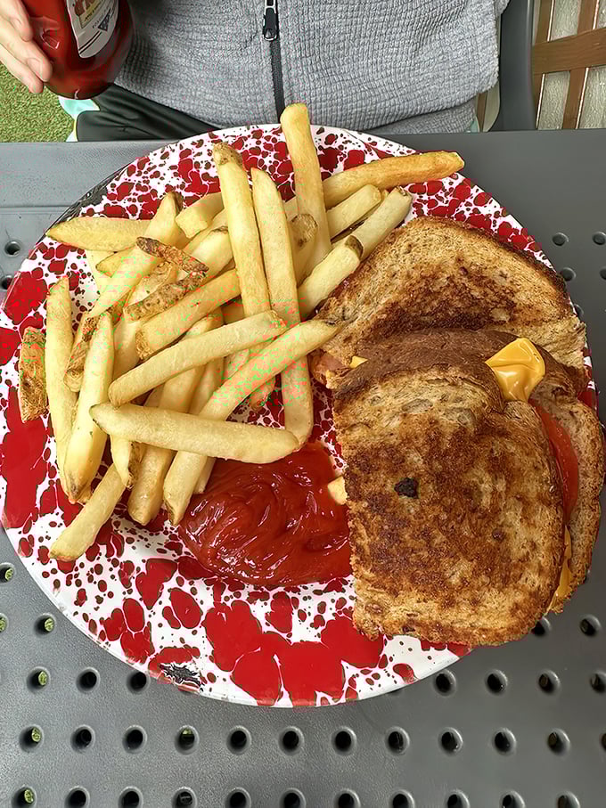 Sometimes simple perfection means grilled ham and cheese with golden fries – comfort food at its finest moment.