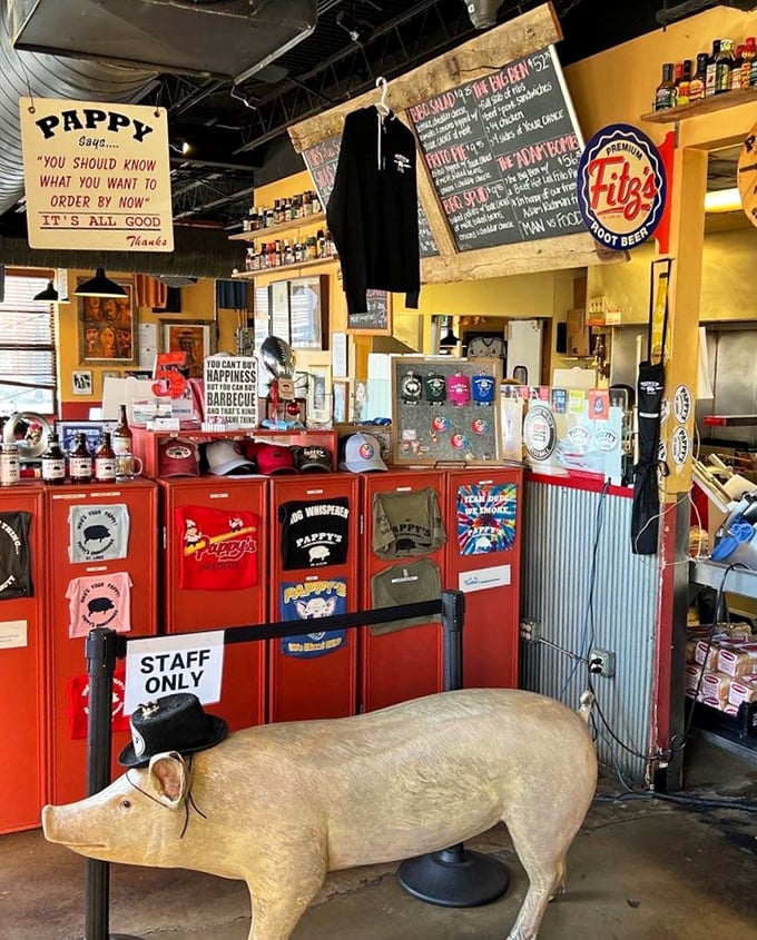 The merchandise corner features a guardian pig statue, silently judging if you're worthy. The sign above speaks truth: know what you want before ordering.