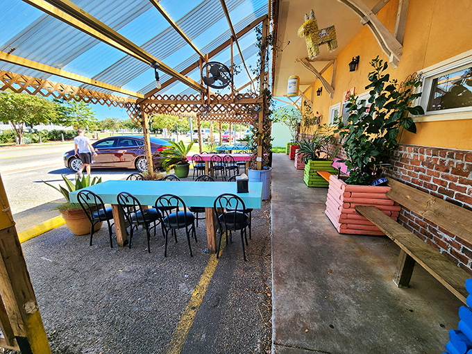 The outdoor seating area offers a breezy alternative for enjoying your chimichanga – Mississippi sunshine optional, satisfaction guaranteed.