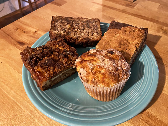 A blue plate special that's actually special. This quartet of baked goods represents the four food groups: banana bread, coffee cake, streusel, and "I'll take one of each."