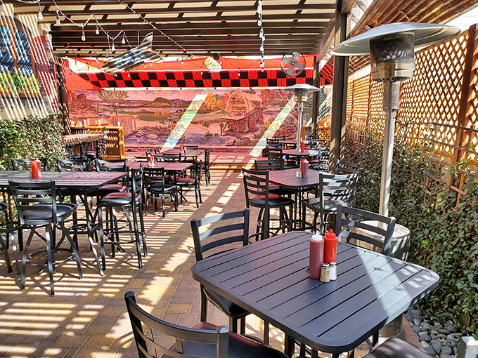 The patio offers al fresco dining with a side of Nevada sunshine—because somehow, smoked meat tastes even better with a gentle desert breeze.