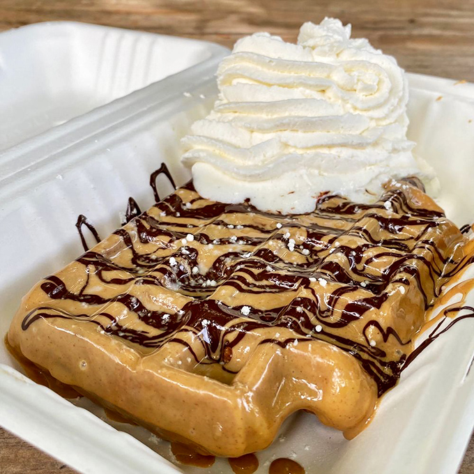 Chocolate and peanut butter drizzled over a golden waffle with whipped cream—basically childhood dreams in edible form.
