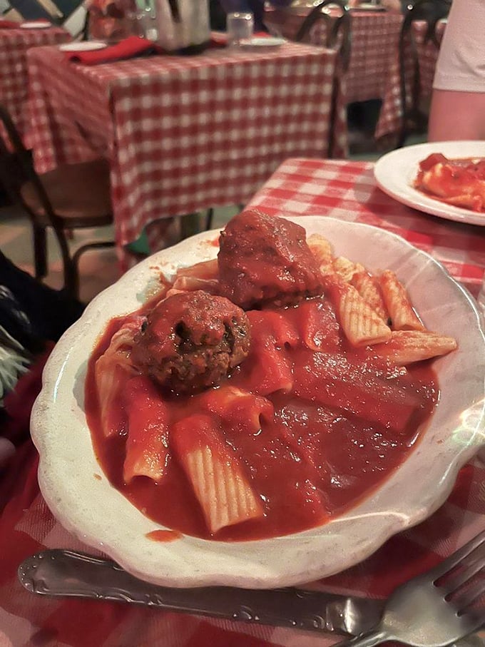 Rigatoni standing at attention, ready to deliver meatballs and sauce directly to your happiness receptors. This isn't dinner—it's edible therapy.