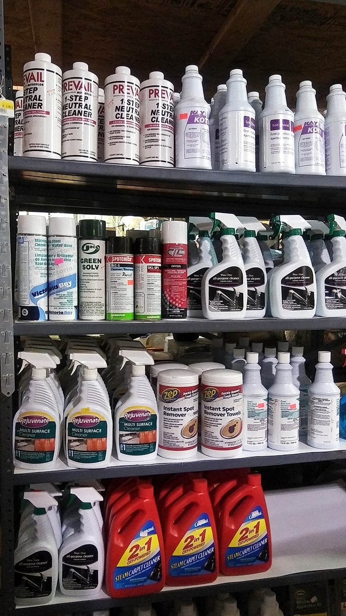The cleaning supply section offers everything needed to wage war against household grime. Spotless victory at bargain basement prices.