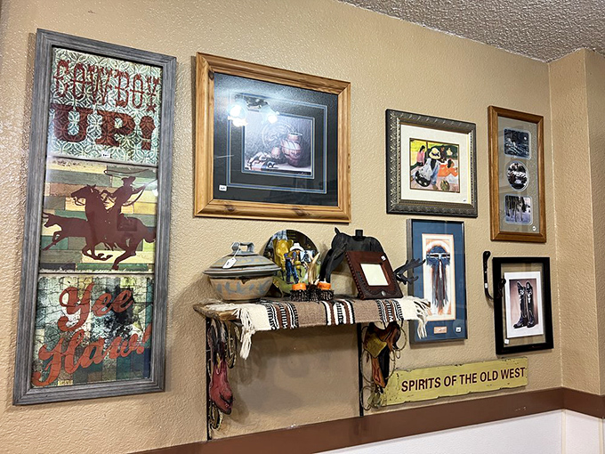 Wall décor that tells stories without saying a word. "Cowboy Up!" isn't just a phrase here – it's breakfast philosophy.