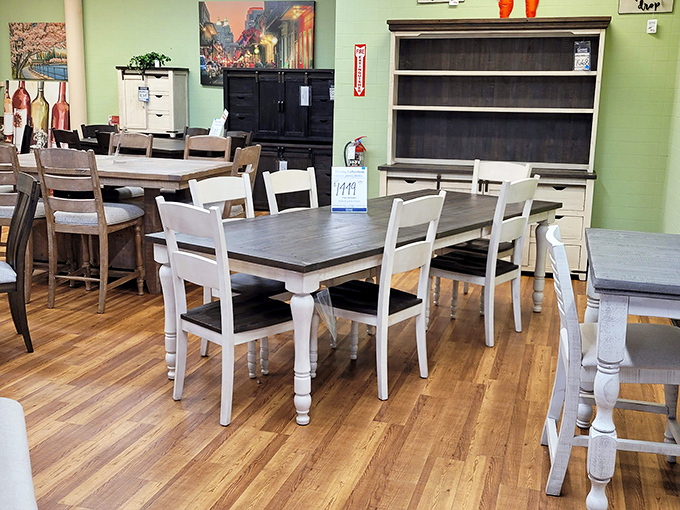 Farmhouse meets modern in this dining collection. White chairs with dark tabletops: the mullet of furniture—business on top, party on the bottom.