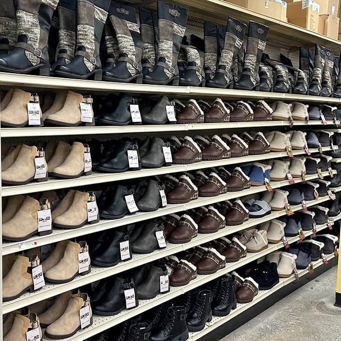 Boot boulevard – where footwear fashion meets New England practicality in neat rows of winter-ready options for every preference.