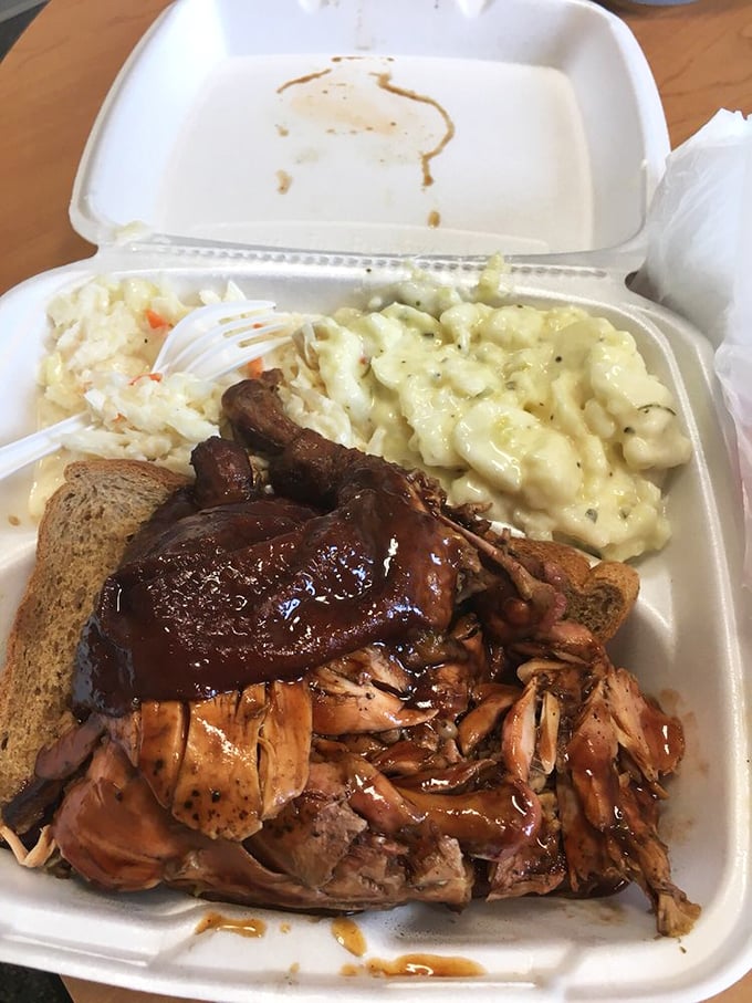 A barbecue plate that hits all the right notes – pulled chicken bathed in sauce, creamy mac and cheese, and coleslaw for that perfect tang.