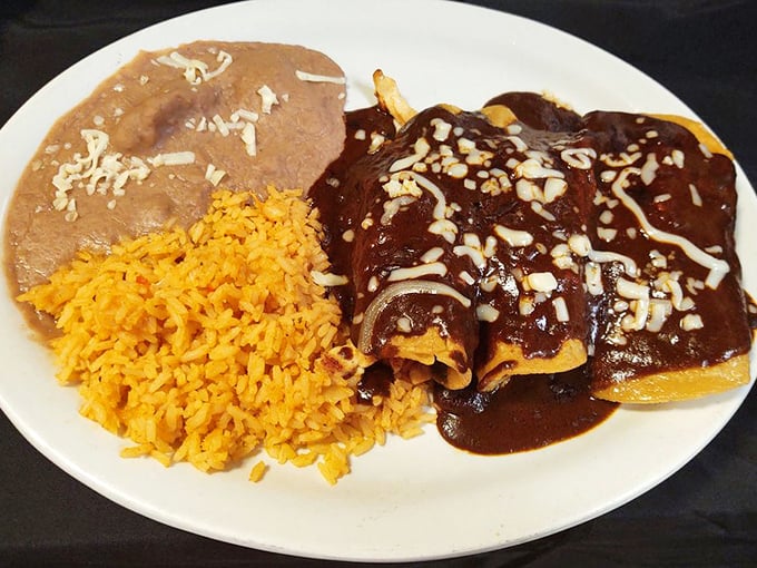Mole sauce so rich and complex it deserves its own biography, draped lovingly over enchiladas that never stood a chance.