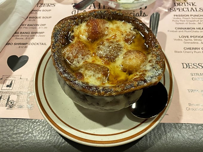 French onion soup that's worth the chin dribble and inevitable cheese pull. That golden crust is nature's perfect food seal.