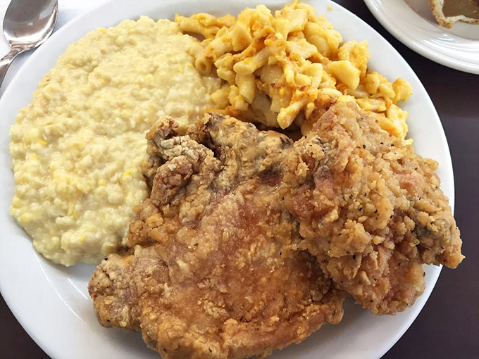 This plate doesn't just hold food – it cradles a Southern sermon of crispy, creamy textures preaching the gospel of comfort food perfection.