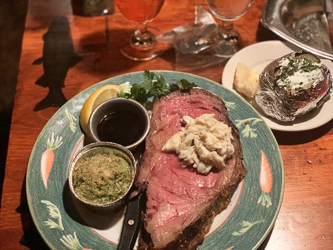 This prime rib isn't just cooked—it's respected. Medium-rare perfection topped with crabmeat that makes you wonder why all beef doesn't get this royal treatment.