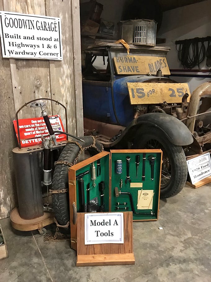 The Model A tool display shows the mechanical know-how once required of every driver – no roadside assistance apps in those days!