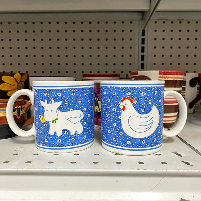 Farmhouse chic mugs that make morning coffee taste better somehow. The cow and chicken designs add country charm to urban kitchens. 