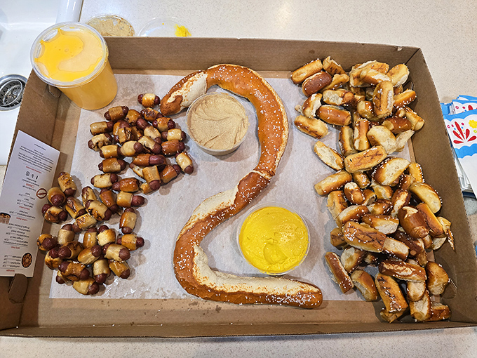 The party platter of champions: a magnificent arrangement of pretzel, bites, and dips that says, "Game day just got serious."