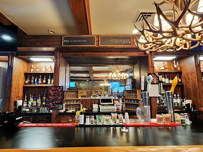 The TapHouse Bar brings modern spirits to historic surroundings – where antler chandeliers meet craft cocktails in rustic harmony.