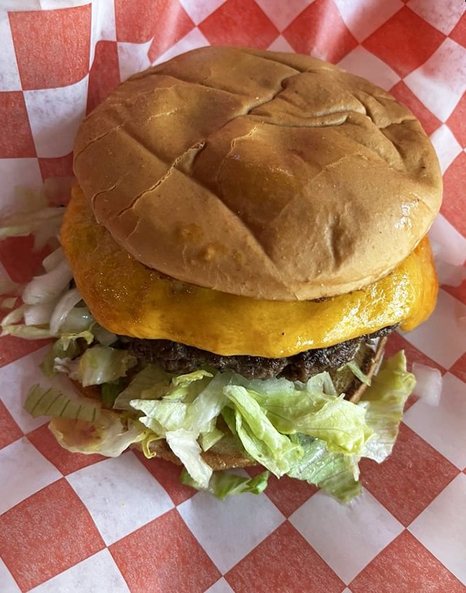 The Cheddar Cheezy in all its glory—that signature cheese skirt extending well beyond the bun's borders into delicious territory.
