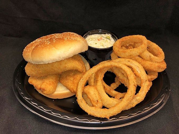 The fish sandwich and onion ring combo that's worth driving across state lines for. That sandwich-to-ring ratio is mathematical perfection.