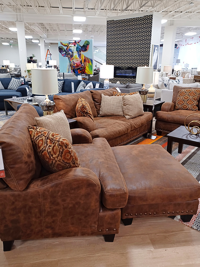 Warm leather sofas with southwestern-inspired pillows. It's like the furniture equivalent of a perfectly broken-in jacket—comfortable from day one.