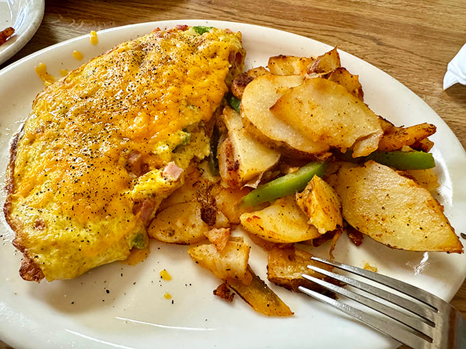 This omelet didn't just happen—it was crafted with intent, like a savory work of art that happens to pair perfectly with those golden-edged potatoes.