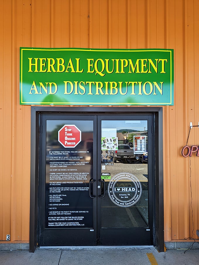 "Herbal Equipment and Distribution" – even the signage here is a conversation starter. Every door at Antique Depot leads to unexpected discoveries.
