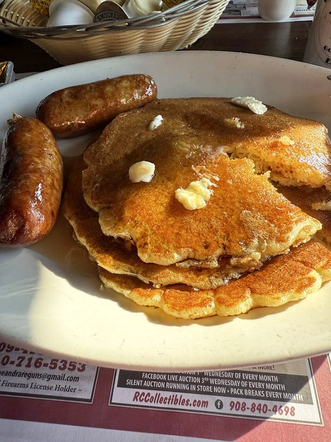 Pancakes that hang over the edge of the plate, with sausage standing guard. This breakfast doesn't just start your day—it launches it into orbit.