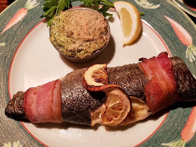 Bacon-wrapped Rainbow Trout with a golden crust that makes a satisfying crack when your fork breaks through—fish this good deserves its own applause.