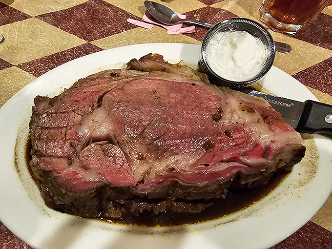 Prime rib so perfectly cooked, it practically poses for its portrait. That horseradish cream isn't just a condiment—it's the perfect dance partner for each bite.