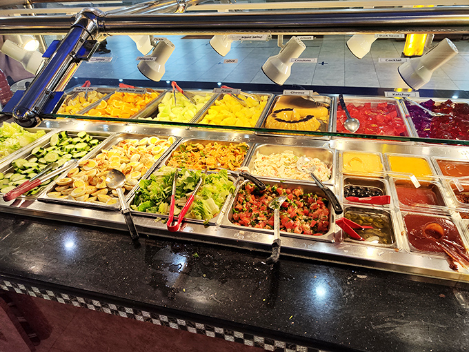 Nature's candy counter—the salad and fruit bar offers a rainbow of options that let you pretend you're being virtuous before heading back for that third helping of sesame chicken.