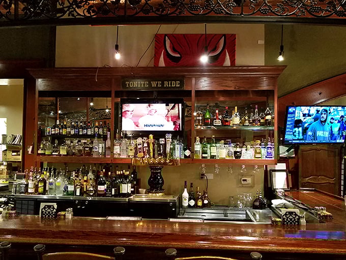 The bar doesn't just serve drinks—it tells stories through bottles, with "TONITE WE RIDE" promising adventures that begin with your first sip.