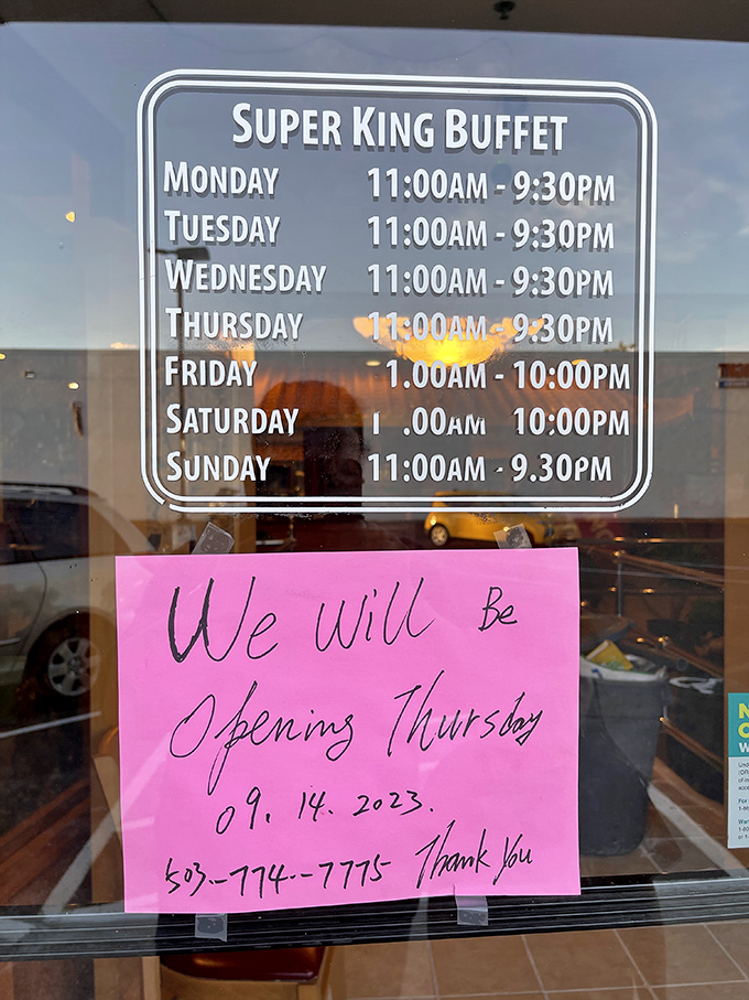 The hours of operation sign with its handwritten update—a reminder that even in our digital age, pink paper and Sharpies still effectively communicate important buffet intel.